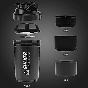 VIGIND Protein Shaker Bottle,Sports Water Bottle,Leak Proof Shake Bottle For Protein Mixer- Non Slip 3 Layer Twist Off 3oz Cups with Pill Tray - Protein Powder 16 oz Shake Cup with Storage,Black