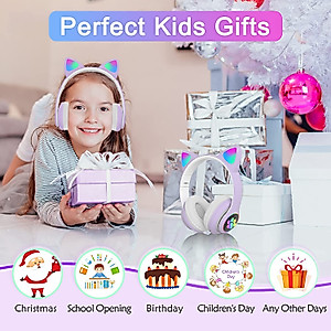 KERHAND Bluetooth Headphones for Kids, Cute Ear Cat Ear LED Light Up Foldable Headphones Stereo Over Ear with Microphone/TF Card Wireless Headphone for iPhone/iPad/Smartphone/Laptop/PC/TV (Purple)