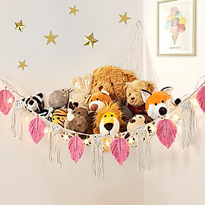 Dremisland Stuffed Animal Toy Net Hammock with Star Light Boho Leaf Macrame Tassel Corner Toy Organizer Bohemian Woven Decor Display Holder for Girls Room Nursery Kids Bedroom Play Room Decor (Pink)