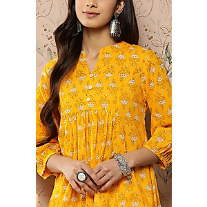 Janasya Indian Women's Mustard Cotton Botanical Printed Flared Kurta