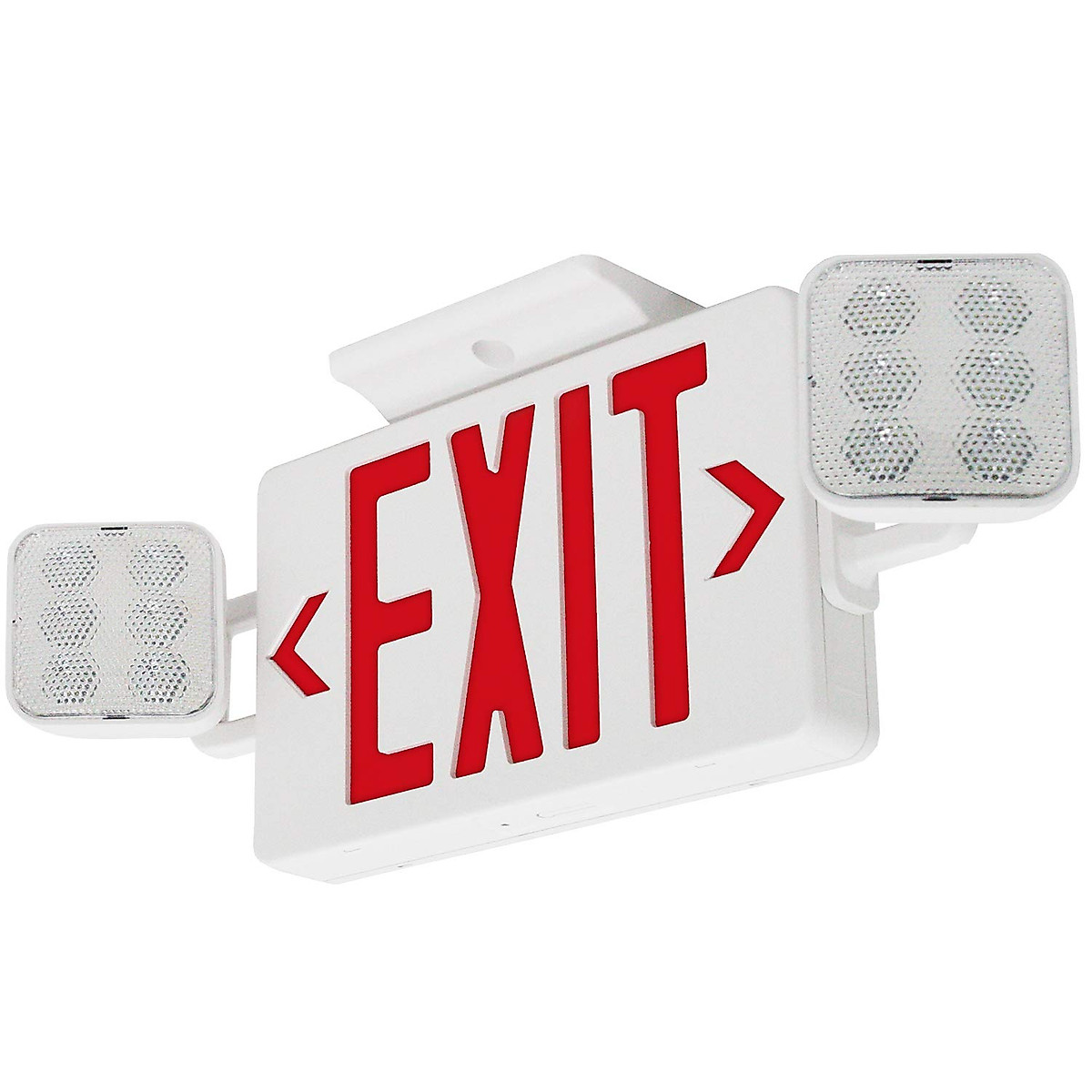 LFI Lights | Combo Red Exit Sign with Emergency Lights | White Housing | All LED | Two Adjustable Square Heads | Hardwired with Battery Backup | UL Listed | (1 Pack) | COMBOLG-R