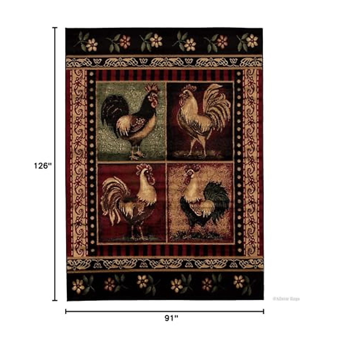 Allstar 8x11 Red and Black Cabin Rectangular Accent Rug with Ivory and Green Wildlife Rooster Design (7' 6" x 10' 5")