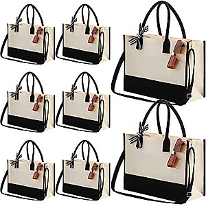 8 Pieces Canvas Tote Bag Black and White Bag with Shoulder Strap Zipper Opening Inner Side Pockets Grocery Totes for Women Work Daily Travel Birthday Bridesmaid Gifts DIY Bag