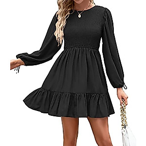 ZESICA Women's Long Sleeve Smocked Dress Spring Casual Crew Neck Tiered Swing Cocktail Wedding Party Mini Dresses,Black,Medium