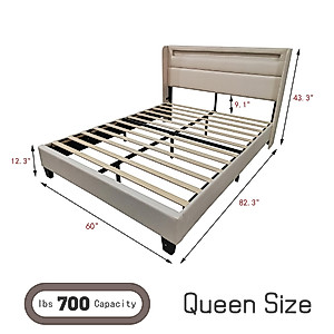 alazyhome Upholstered Queen Bed Frame with Headboard LED Lights Platform Bed Wooden Slats Support Non-Slip and Noise-Free Easy Assembly Linen Beige