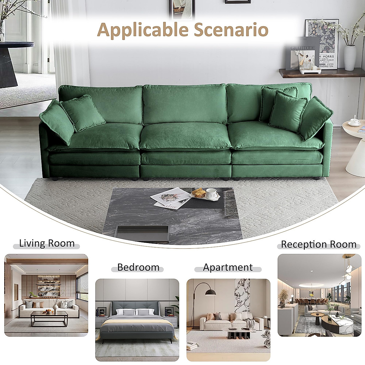 111.5" Oversized 3-Seater Soft Chenille Sofa, Modular Sectional Sofa Cloud Couch for Living Room, Modern Deep Seat 3 Seat Large Couches (Green, 3 Seat)