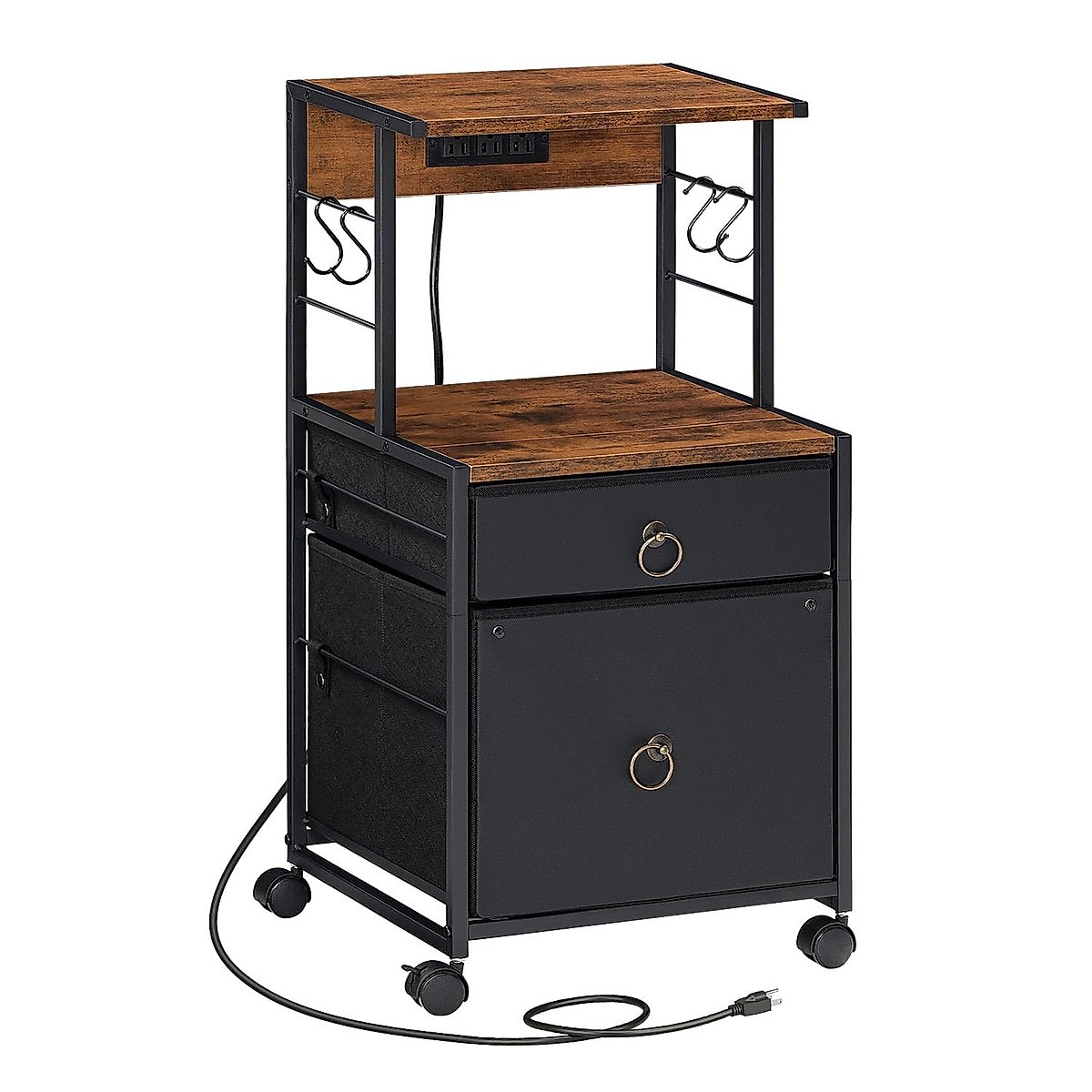 HOOBRO 2-Drawer File Cabinet, Filing Cabinet with Charging Station, Vertical Office Cabinet with Open Storage Shelf, Printer Stand, A4/Letter Size, Nonwovens Drawer, Rustic Brown and Black BFK23UWJ01