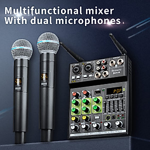 Bomaite BO4-M Portable Karaoke Microphone Mixer System Set, 4 Channel Mixer With Dual Wireless Mic, MP3 Bluetooth USB Interface in singing for Smart TV, PC, KTV, Home Theater, Amplifier, Speaker