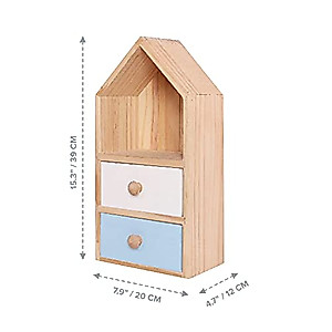 House Shaped Display Shelf with 2 Drawer - Wood Dresser Floating Shelf - Kids Bedroom Furniture - Desk Decor Book Shelf - Nursery Decor - Cute Storage Shelves for Bedroom - 1 Tier 7.9x1.8x11.4 in