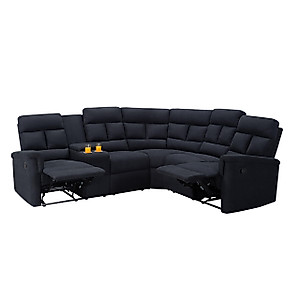 EMKK Modern Manual Reclining Motion Sectional Sofa Corner Leather Upholstered Sofá Curved L-Shaped Couch W 2 Cup Holders for Living Room Furniture Sets Villa/Apartment/Office/Home Theater Lounge Seat