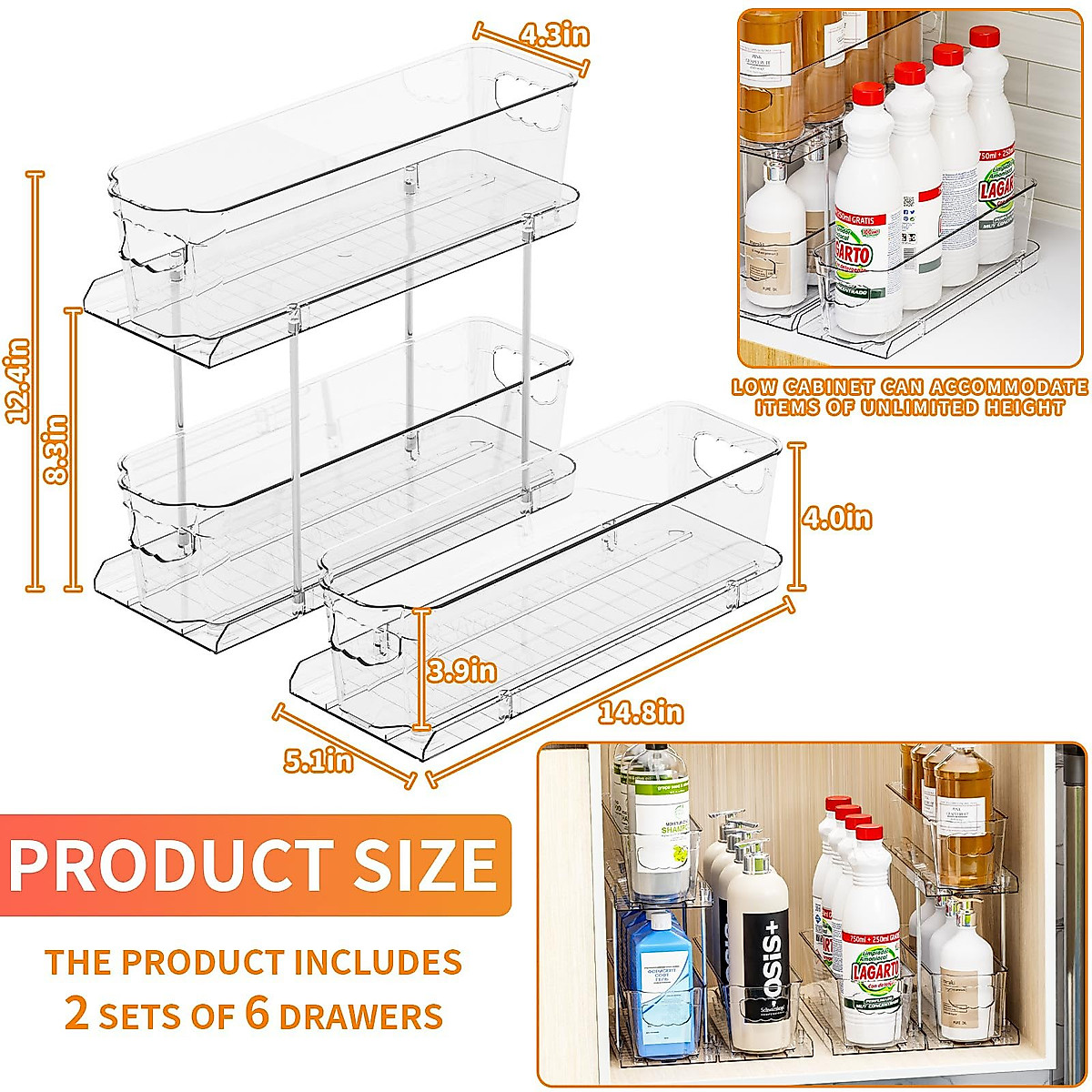 14.8" Deep 2 Set 2 Tier Under Sink Organizers and Storage,5.1” Narrow Pull Out Bathroom Cabinet Organizer for Kitchen,Pantry Organizer,Cleaning Products Organizer and Medicine Cabinet Storage,Clear