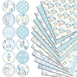 AnyDesign 12Pcs Baby Shower Cotton Fabric Bundles Blue Elephant Hot Air Balloon Star Rainbow Printed Fat Quarters Cute Sewing Fabrics for DIY Handmade Crafting, 18 x 22 Inch
