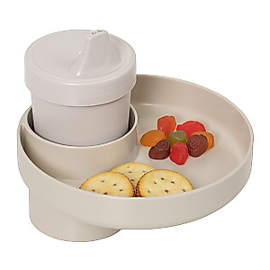 Travel Tray My Round, USA made. Easily convert your existing cup holder to a TRAY AND CUP HOLDER for use in a Car Seat, Booster, Stroller, Golf Cart and anywhere you have a cup holder! Beige