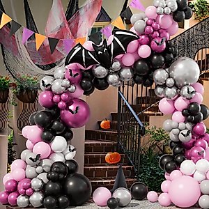Bonropin 178pcs Pink Halloween Balloon Garland Arch Kit with Black Pink Silver Balloons Ghost Bat Foil Balloons 3D Bat Sticker for Girls Pink Halloween Decoration Birthday Baby Shower Party