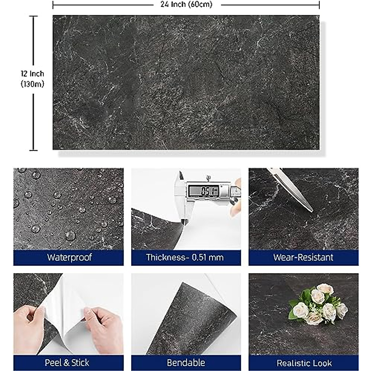 FunStick Peel and Stick Floor Tile Black Grey Marble 12"x24" Vinyl Flooring Planks Peel and Stick Flooring for Bathroom Floor Tiles Peel and Stick Waterproof Sticky Tiles for Floor Walls Kitchen 5 Pcs