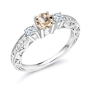 Gem Stone King 925 Sterling Silver Peach Morganite and White Created Sapphire Engagement Ring For Women (0.79 Cttw, Round 5MM, Available in size 5, 6, 7, 8, 9)