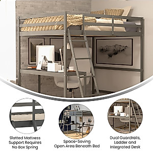 BizChair Loft Bed Frame with Desk - Light Gray Wood Slats - Full Size - Protective Guard Rails & Ladder - Kids and Teens - Space Saving Design