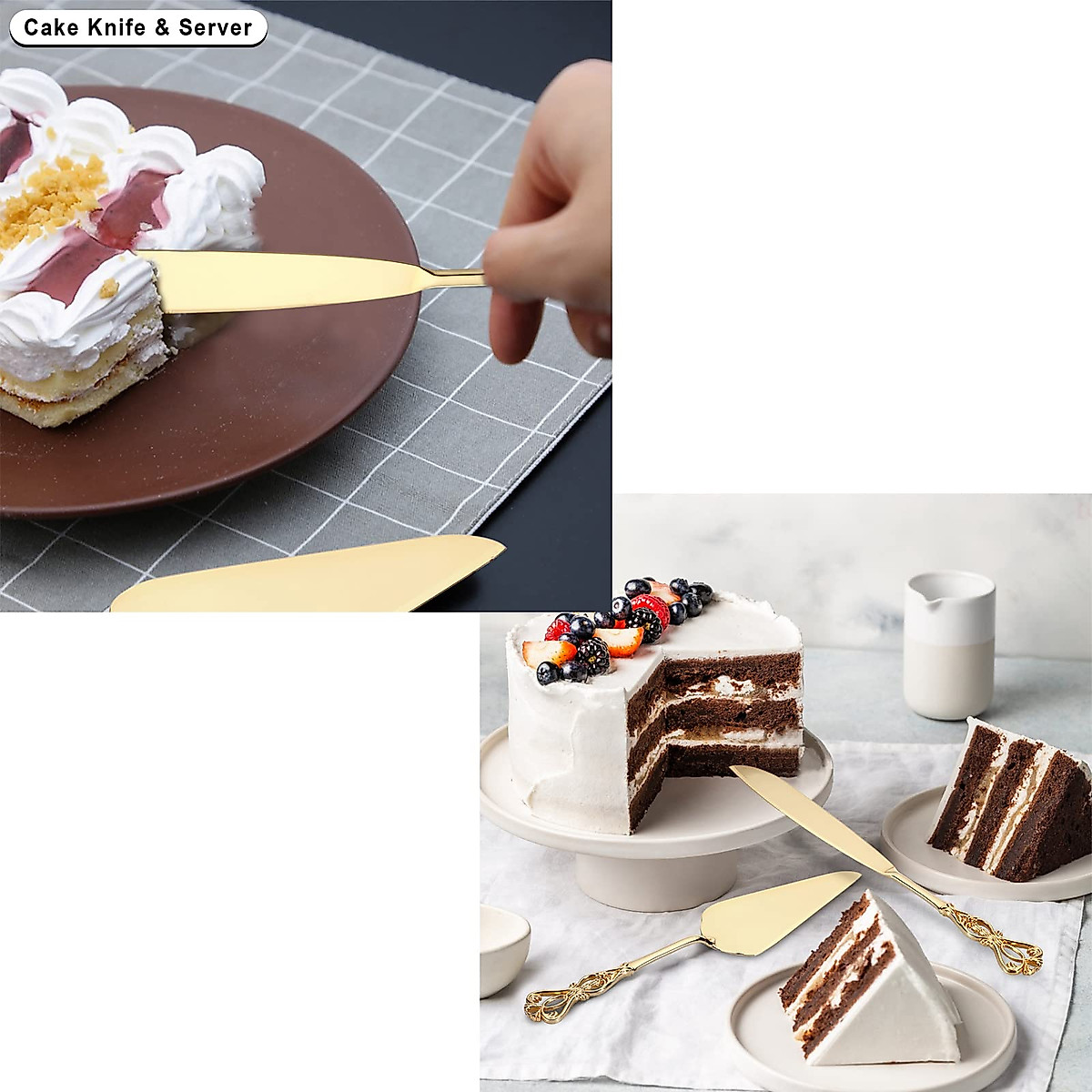 BSTKEY Gold Cake Knife and Server Set, Cake Pie Pastry Servers Crown Shape Handle Vintage Cake Serving Set for Wedding Birthday Parties Anniversary Christmas and Events