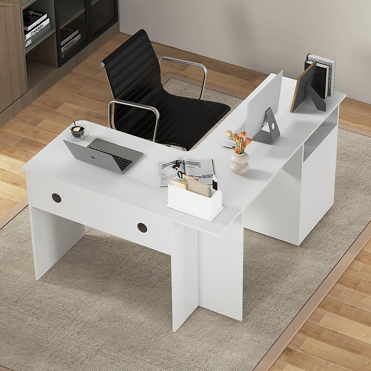 GOFLAME L-Shaped Desk, 59" Corner Computer Desk with File Drawer & Open Shelf, Large Workstation w/ 2 Cable Management Holes, Writing Study Desk for Home Office, White