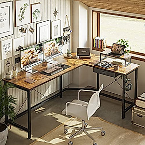 BANTI 67 inch L Shaped Desk Computer Corner Desk, Home Office Gaming Table, Sturdy Writing Workstation with Small Table, Brown