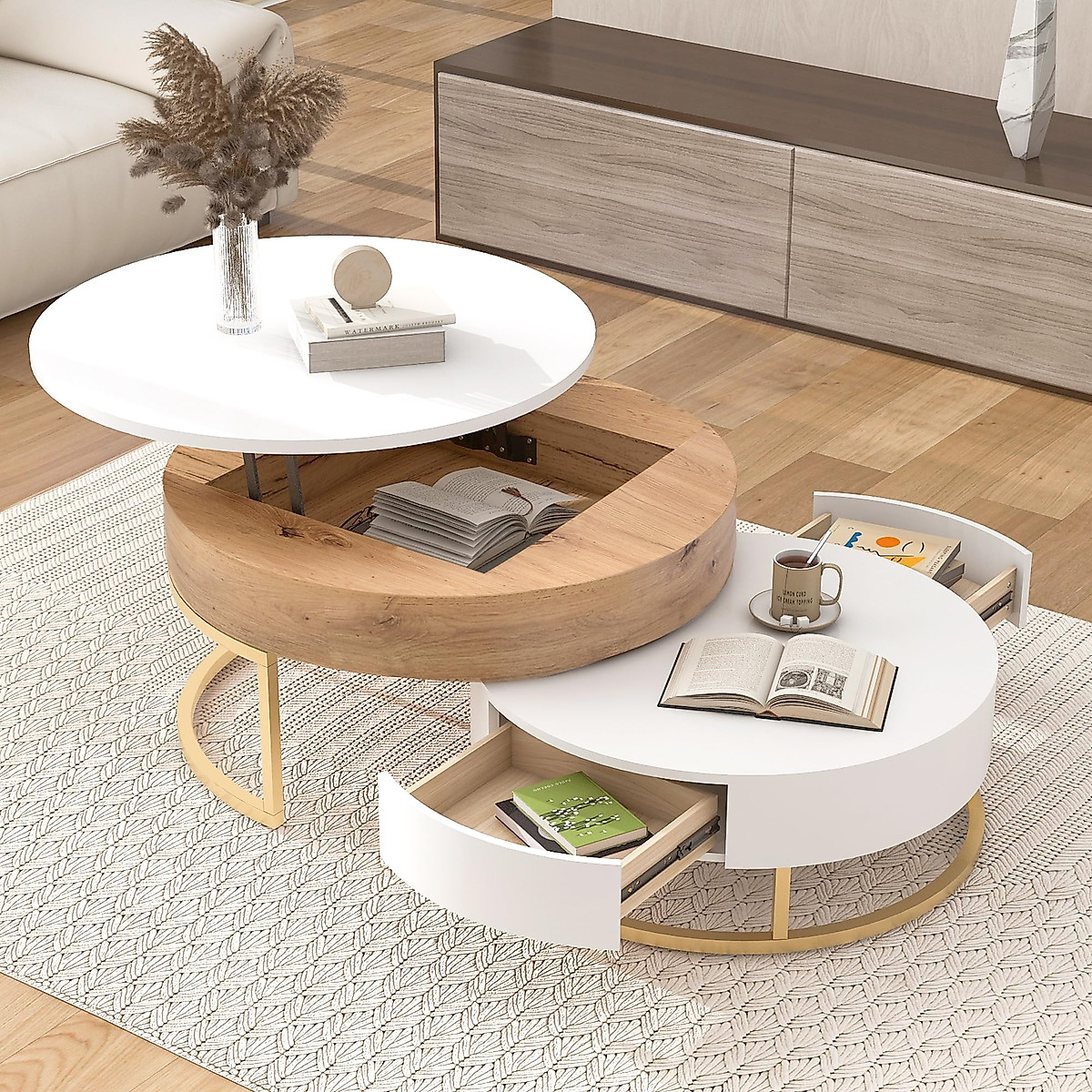 Modern Lift-top Coffee Table for Living Room, Set of 2 Round Nesting Coffee Table, Center Table with 2 Drawers, Suitable for Living Room and Office (Oak Natural Wood + Antique White)