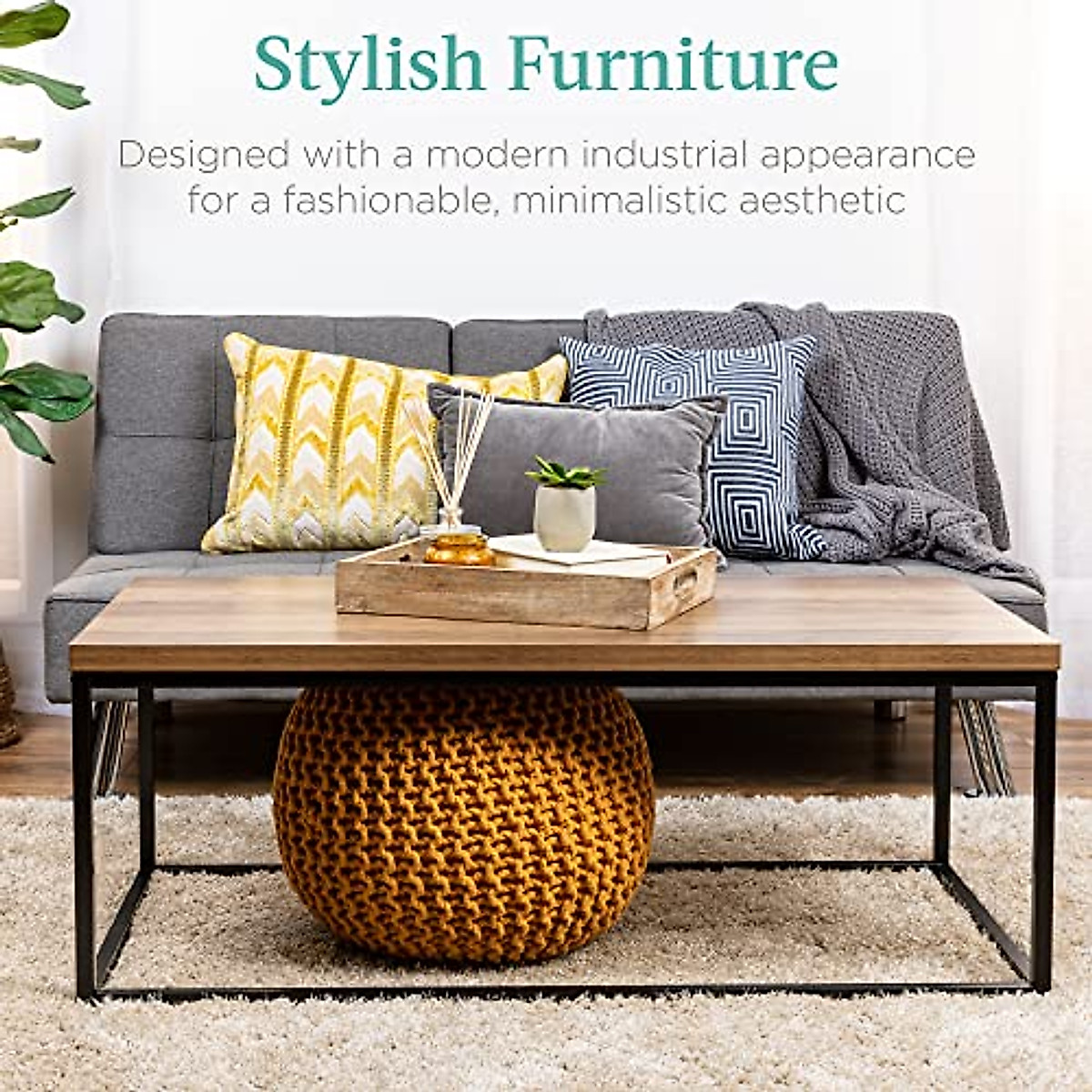 Best Choice Products 44in Modern Industrial Style Rectangular Wood Grain Top Coffee Table, Rustic Accent Furniture for Living Room w/Metal Frame, 1.25in Thick Butcher Block Tabletop - Brown