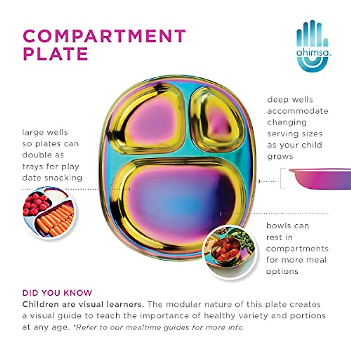 Ahimsa Stainless Steel Balanced Bites Plate | 1 x Divided Plate | Toddler Dishware | No Plastic | 100% BPA Free | Dishwasher Safe (Iridescent Blue)