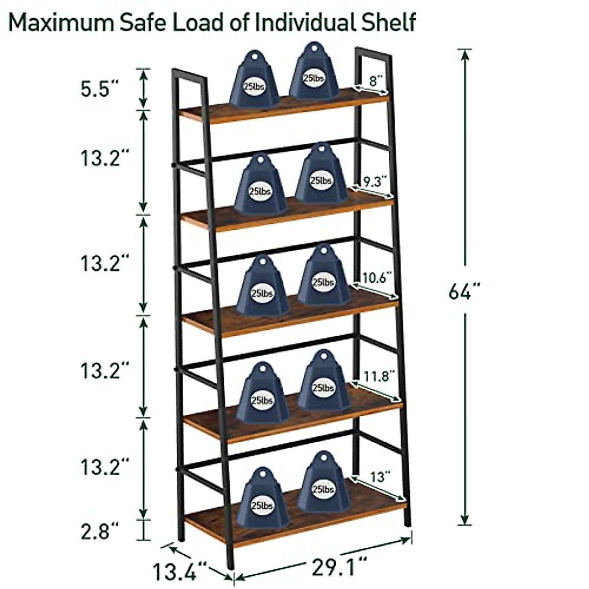 SpringSun 5 Tier Bookshelf Industrial Ladder Shelf Open Display Storage Rack Wood Bookcase with Metal Frame, Freestanding Storage Shelves for Home Office, Living Room, Bedroom, Kitchen