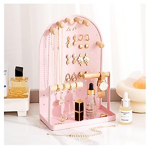 ProCase Cute Jewelry Organizer Stand Earring Holder Organizer for Dorm, Aesthetic Necklace Stand with 6 Removable Wood Hooks, Small Jewelry Display Rack with Bottom Tray for Bracelets Rings -Pink
