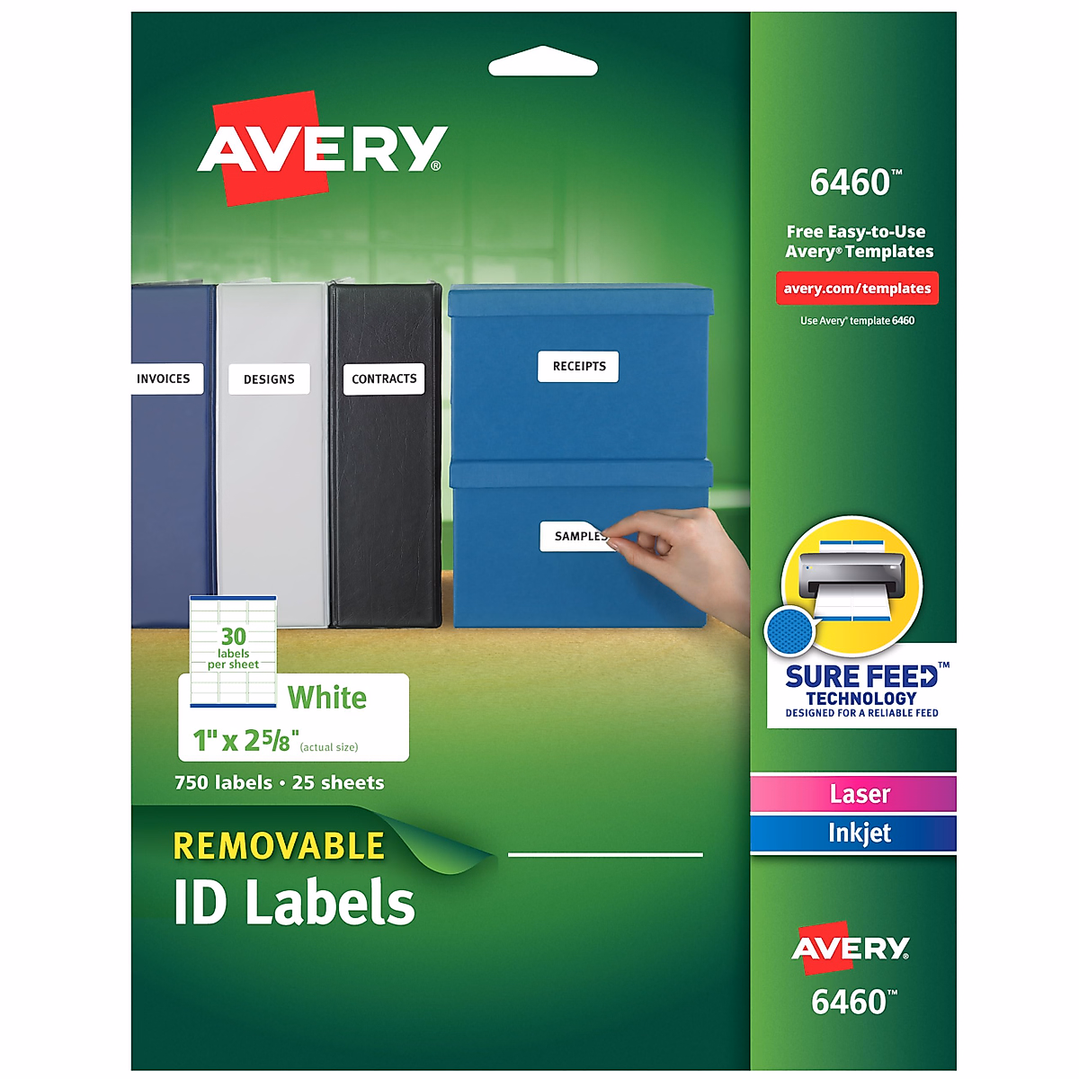 Avery Removable ID Labels, Sure Feed Technology, Removable Adhesive, 1" x 2-5/8", 750 Labels (6460)