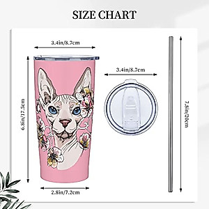 Sphynx Cat With Cherry Flowers Stainless Steel Tumbler With Lid And Straw 20oz Insulated Coffee Mug & Tea Cup Travel Coffee Mug Car Thermos Cup