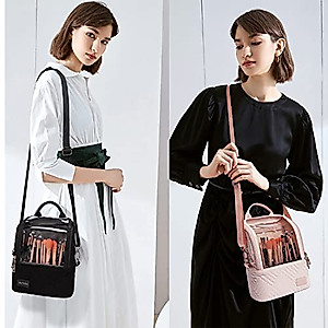 LACATTURA Travel Makeup Brush Case for Women, Tall Cosmetic Brush Holder Bag with Adjustable Dividers, Large Beauty Accessories Organizer Bag, Portable Storage Bag with Shoulder Strap, Black