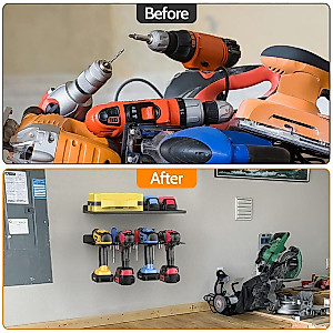 TZDTMEOS Electric Drill Storage Rack with Storage Shelf, Power Tool Organizer, Holds 4 Drills & Batteries, Hanging Wall Mounted Organizer for Garage, Home, Workshop, Shed (Rack+Shelf)