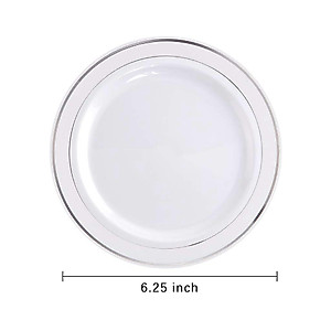 bUCLA 100Pieces Silver Plastic Plates -6.25inch Disposable Salad/Dessert Plates- White with Silver Rim Premium Hard Plastic Appetizer Plates/Small Cake Plates for Weddings,Parties&Christmas
