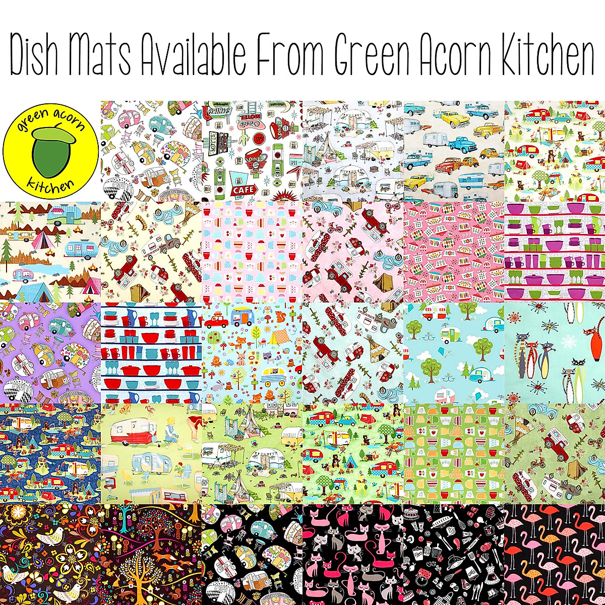 Camping Scenes on Green Coffee Station Mat - Dish Drying Mat - Pet Placemat - Appliance Mat - Camper Mat - 16 x 20 Inches - Handmade by Green Acorn Kitchen