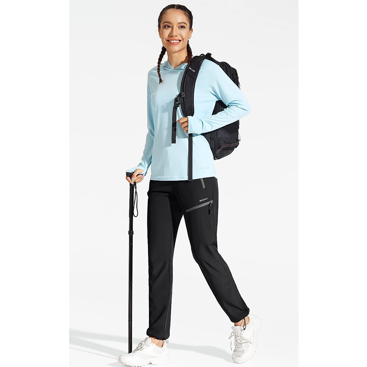 MOCOLY Women's Cargo Hiking Pants Quick Dry Lightweight Outdoor Water Resistant UPF 50+ Long Pants with Zipper Pockets Black L