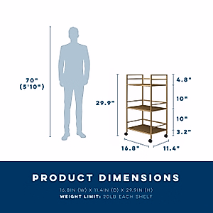Novogratz Helix 3 Shelf Metal Rolling Utility Cart, Gold