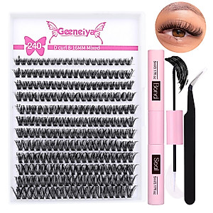 DIY Lashes Extension Kit 50P Eyelash Extension Kit Individual Lash Clusters Kit with Bond and Seal Glue Waterproof and Tweezers for Self Application at Home (240Pcs-0.07D-8-16MM)