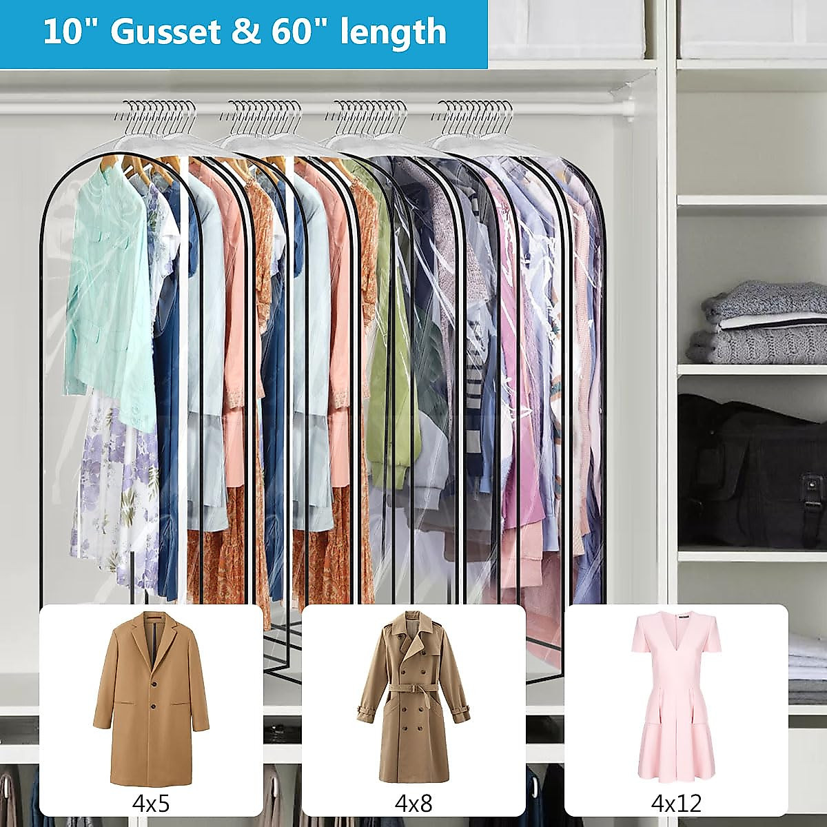 ECOMAID 60" Clear Garment Bags for Hanging Clothes, Garment Bags for Storage with Smooth Side Zipper 10" Gusseted Waterproof Garment Bags for Shirts, Coats, Dresses, Suits,4 Pack