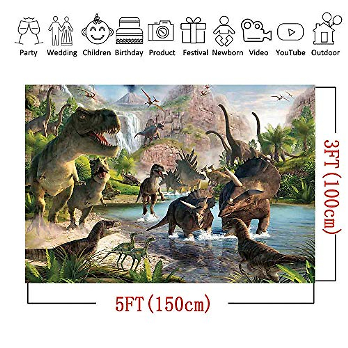Jurassic Dinosaur Party Decoration Backdrop Photography Dinosaur Kingdom Children Birthday Party Banner Jungle Safari Animals Baby Shower Photo Background 5x3ft Cake Table Photo Booth Vinyl