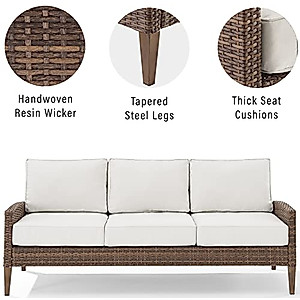 Crosley Furniture Capella Wicker Outdoor Sofa, 3-Person Patio Couch for Porch, Deck, Backyard, Brown with Creme Cushions