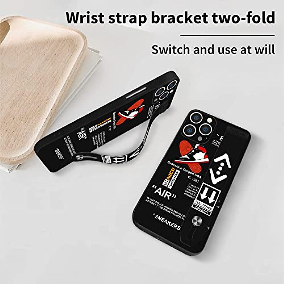 STORYBOX for iPhone 13 Pro Max Cool Wristband Case for Boys,Sports Shoes Brand Style Designer Kickstand Case and Trendy Off Black White Pattern,Shockproof Protective Case