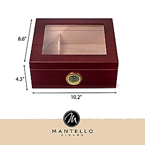 Mantello Humidor Cigar Box, Royal Glass-Top Cigar Humidors- Gifts for Men - Cigar Humidor Box for 25-50 Cigars with Digital Hygrometer & Divider - Spanish Cedar Wood Interior, Rich Cherry Finish