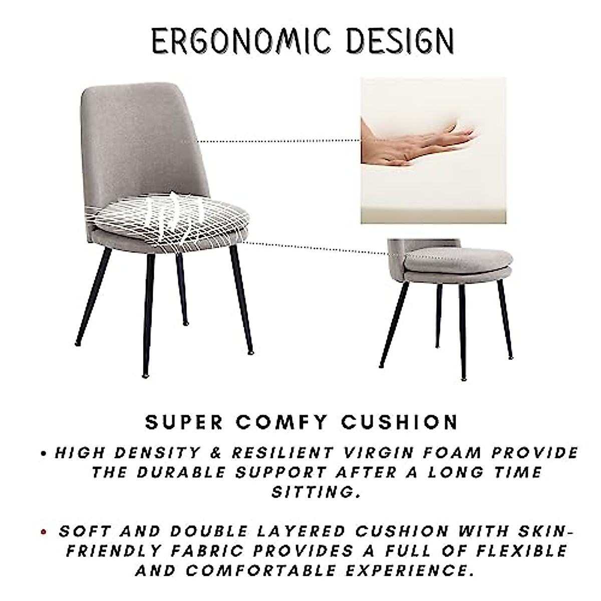 DRAGON GATE Modern Upholstered Dining Chairs Set of 2 with Seat Cushion, Armless Side Chair with Metal Legs for Dining Room Kitchen, Living Room (Fabric Light Gray 2PCS)