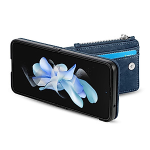 TopFunny Cases for Galaxy Z Flip 5 Wallet Case with Card Holder Retro 2 in 1 Detachable Zipper Flip Wallet Kickstand Premium PU Leather Protective Phone Cover for Samsung Galaxy Z Flip 5 5G 2023 Blue