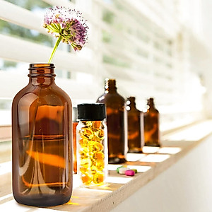 PINIWON 12 Pack 8 oz Amber Glass Bottles, 240ml Boston Round Sample Bottles with Black Poly Cone Caps, Labels and Funnels