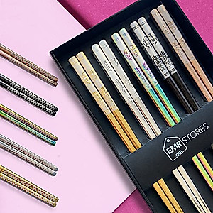 EMRSTORES Stainless Steel Chopsticks - Laser Engraved Premium Multicolor Reusable Chopsticks - 5 Pairs Dishwasher Safe Metal Chopsticks - Easy to Use - Square Lightweight Chop Sticks - Gift Set