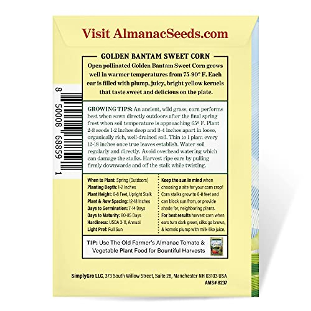 The Old Farmer's Almanac Heirloom Sweet Corn Seeds (Golden Bantam) - Approx 75 Seeds - Non-GMO, Open Pollinated, USA Origin