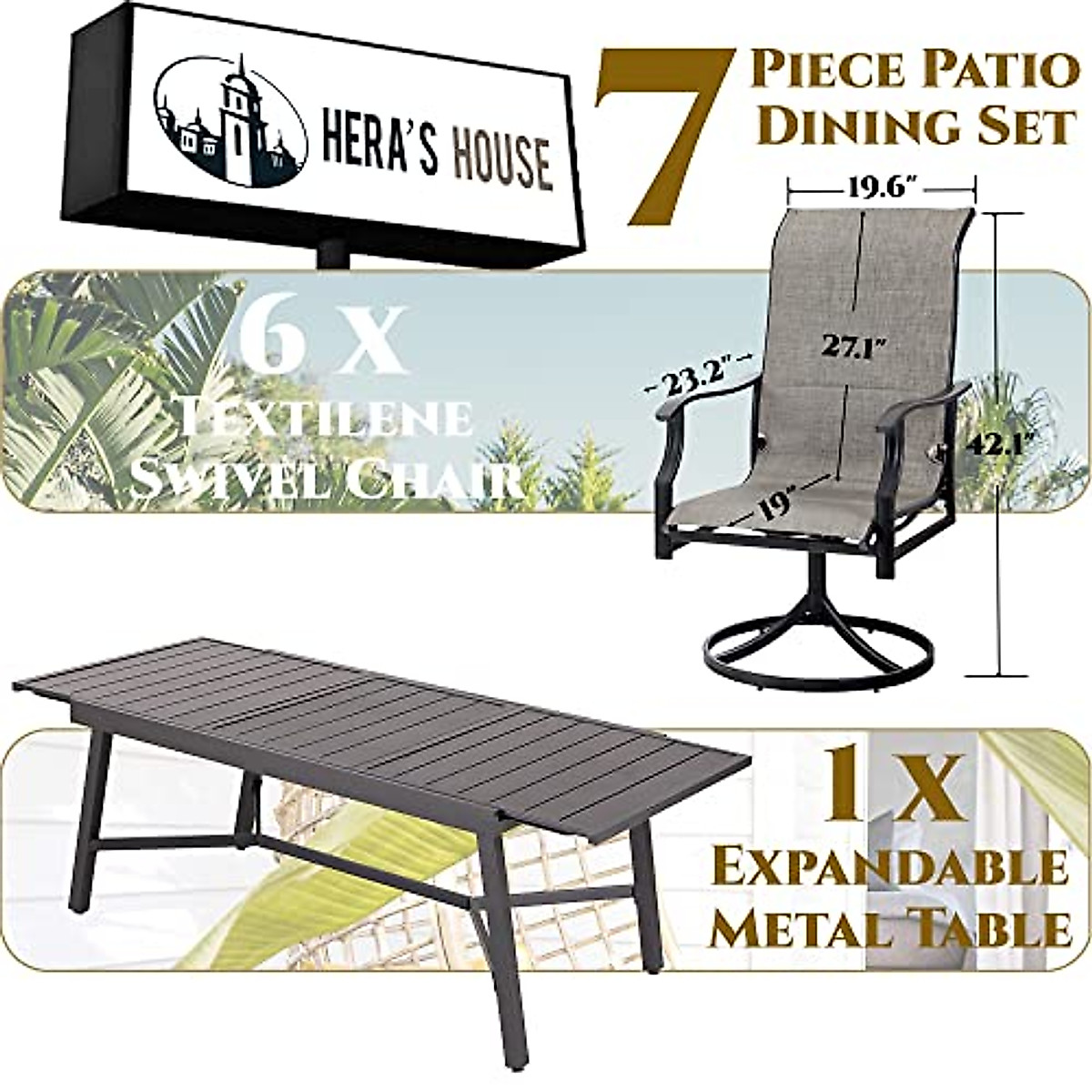 HERA'S HOUSE 7 Pieces Patio Dining Set, Outdoor Dining Set for 6, 6 x Dining Chair, 1 x Rectangular Expandable Large Surface Metal Dining Table for Patio, Lawn, Garden, Porch