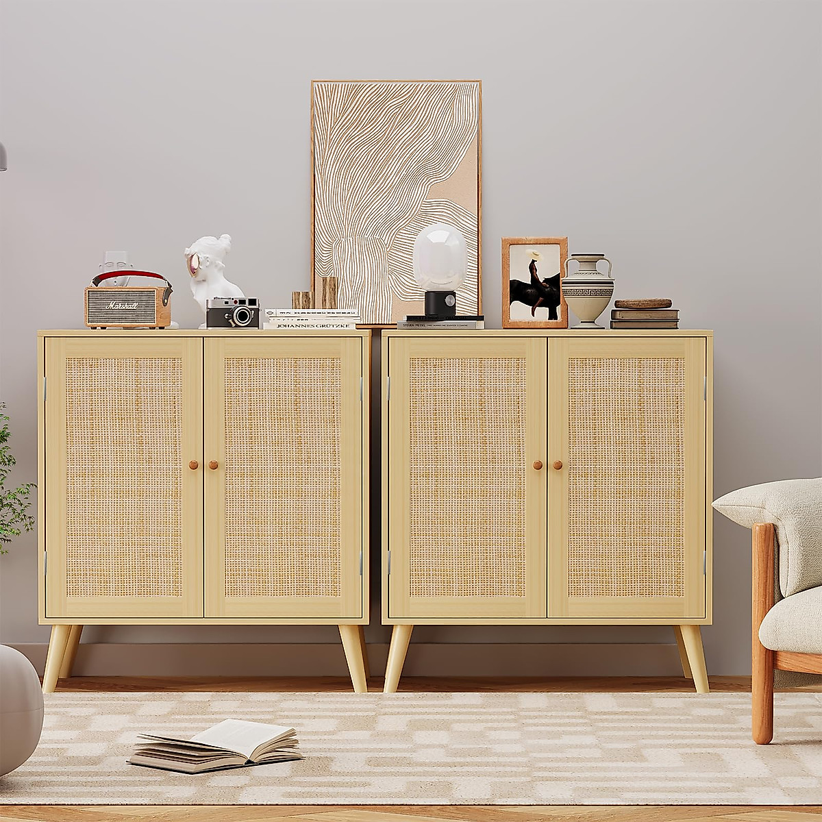 EOYUTLLY Sideboard Buffet Cabinet, Kitchen Buffet Storage Cabinet with Rattan Doors, Accent Cabinet with Adjustable Shelves for Hallway,Kitchen,Living Room, 31.5 x 15.7 x 35 Natural, Assemble Easily